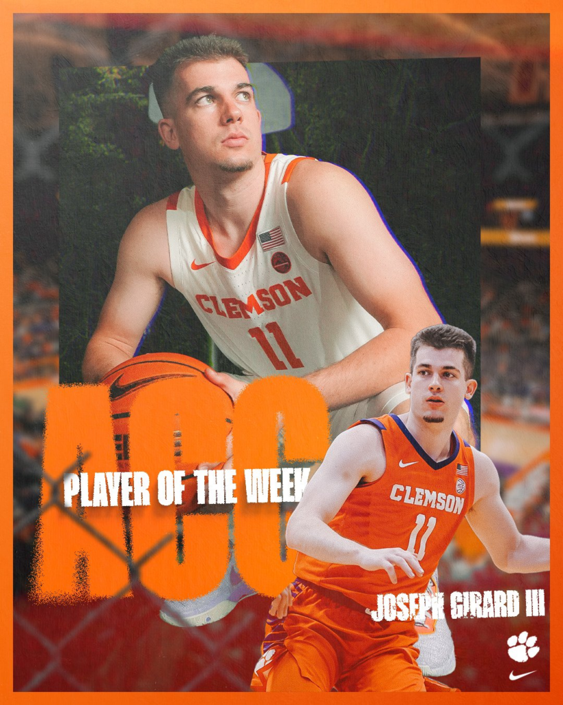 Joseph Girard III named ACC Player of the Week - Clemson Sports Media